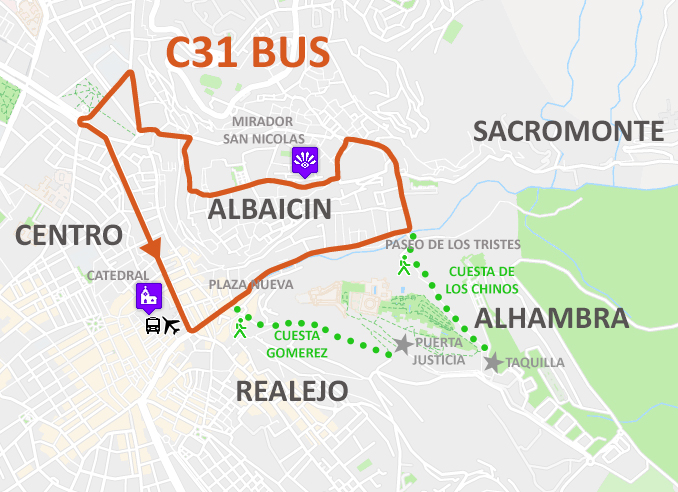 La Alhambra de Granada: autobuses útiles en el centro de Granada